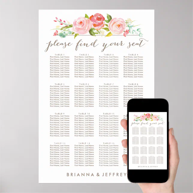 Rose Garden Floral White Seating Chart Poster | Zazzle