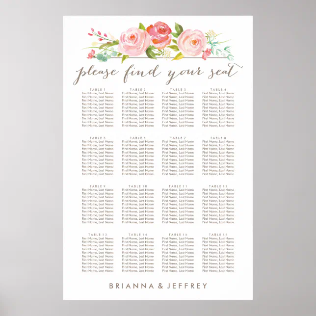 Rose Garden Floral White Seating Chart Poster | Zazzle