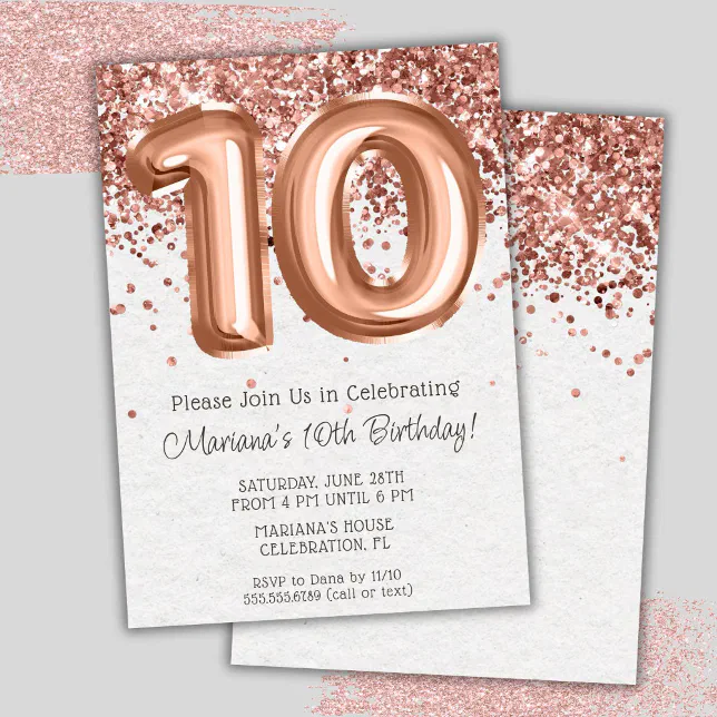 Rose Gold 10th Birthday Party Invitation | Zazzle