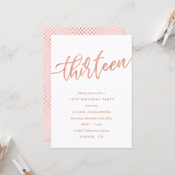 Rose Gold 13th Birthday Invitation | Faux Foil | Zazzle