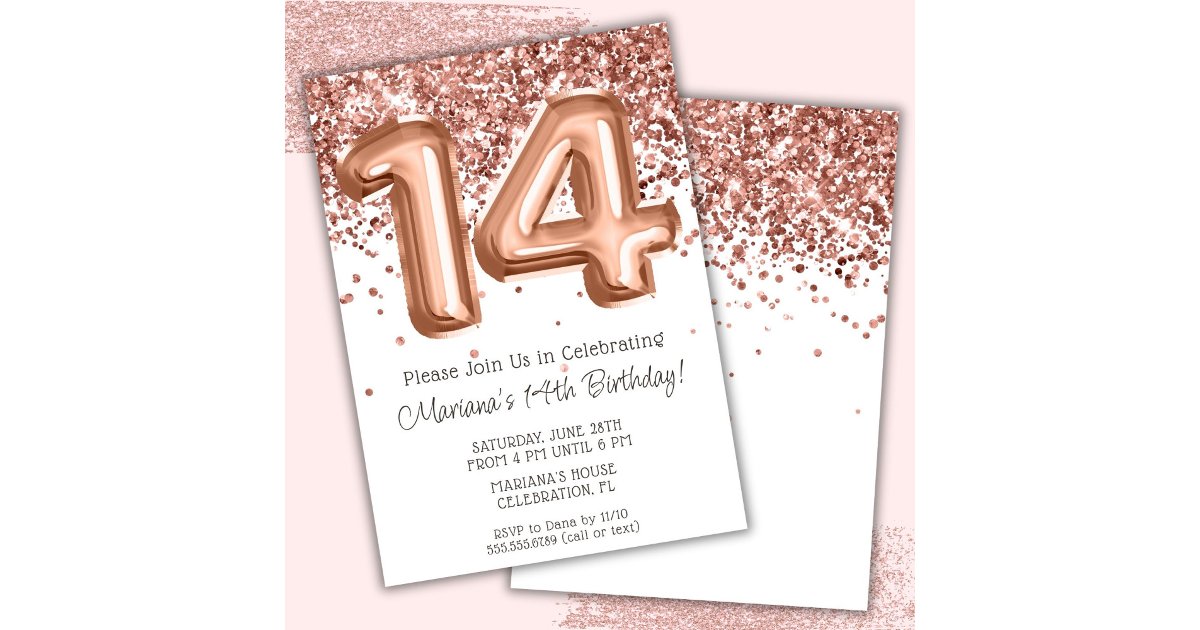 Rose Gold 14th Birthday Party Invitation | Zazzle