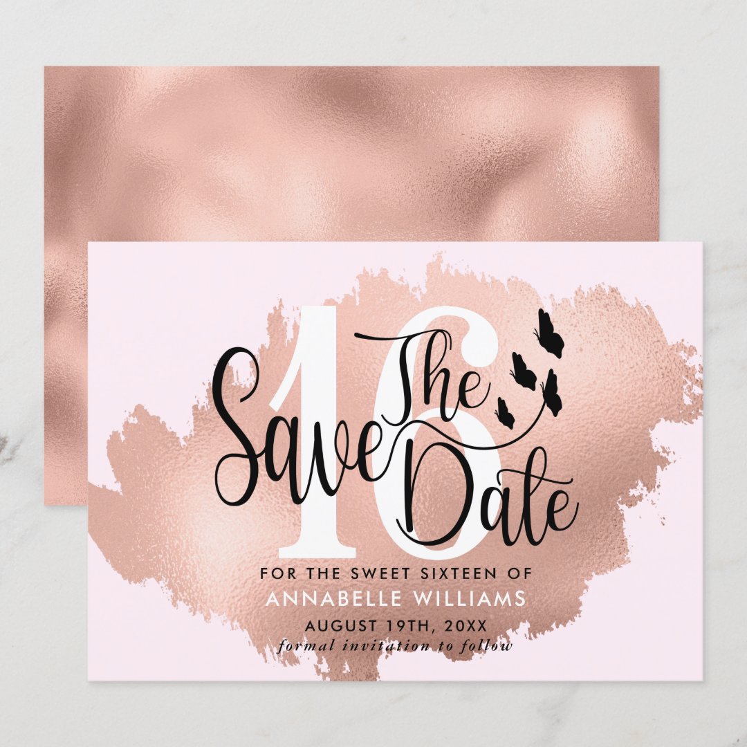 Rose Gold 16th Birthday Party Save The Date | Zazzle