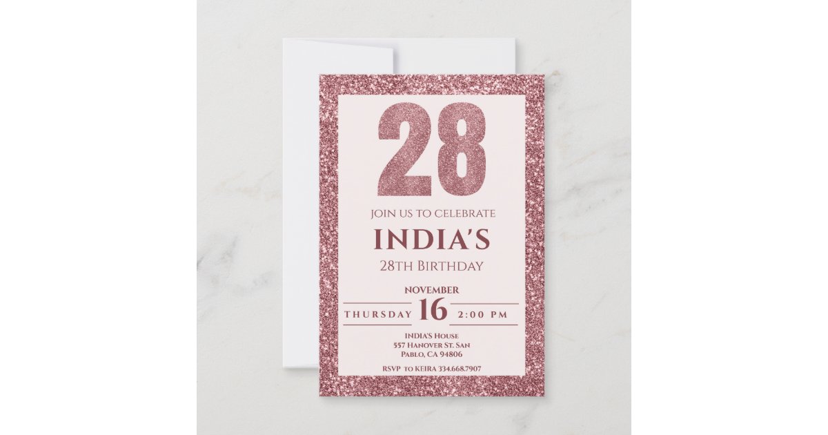 rose gold 28th birthday invitation | Zazzle