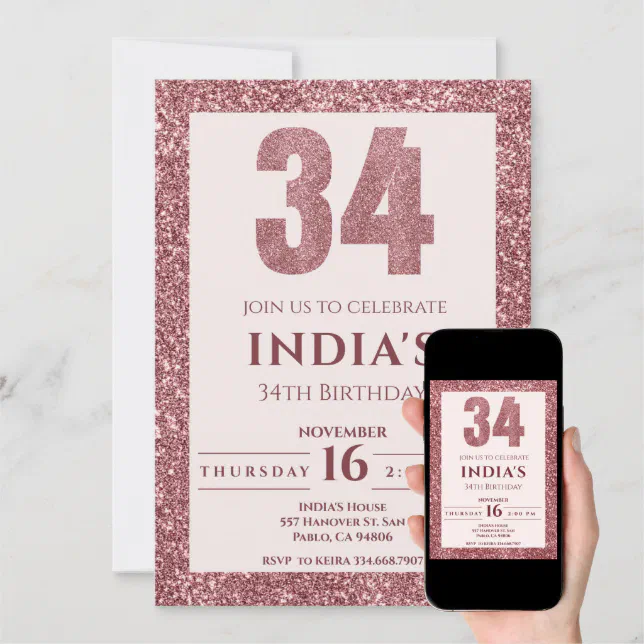 rose gold 34th birthday party invitation | Zazzle