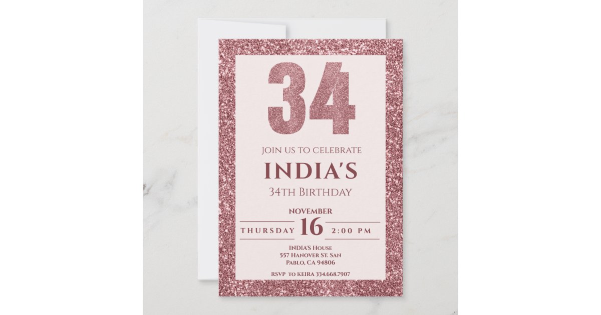 rose gold 34th birthday party invitation | Zazzle