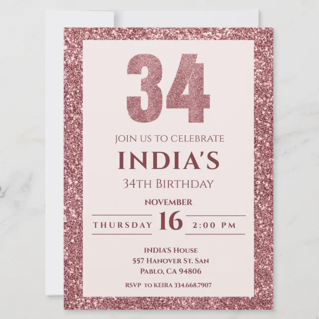 rose gold 34th birthday party invitation | Zazzle
