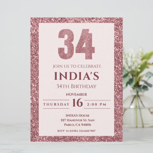rose gold 34th birthday party invitation | Zazzle