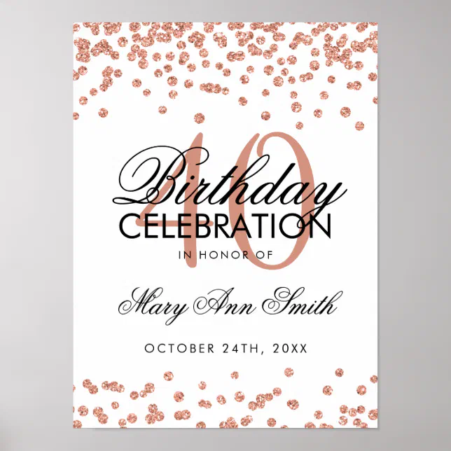 Rose Gold 40th Birthday Glitter Confetti White Poster | Zazzle