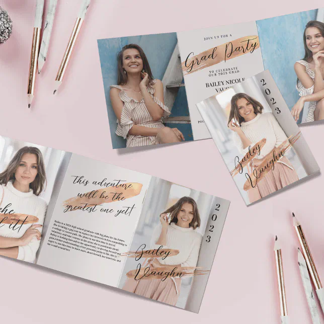Rose Gold 4 Photo Graduation Tri-Fold Invitation | Zazzle