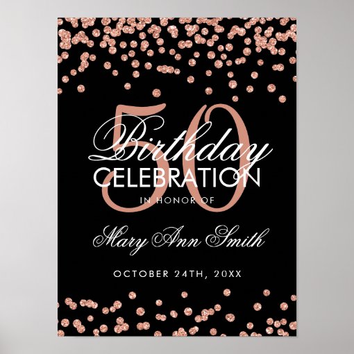Rose Gold 50th Birthday Glitter Confetti Black Poster | Zazzle