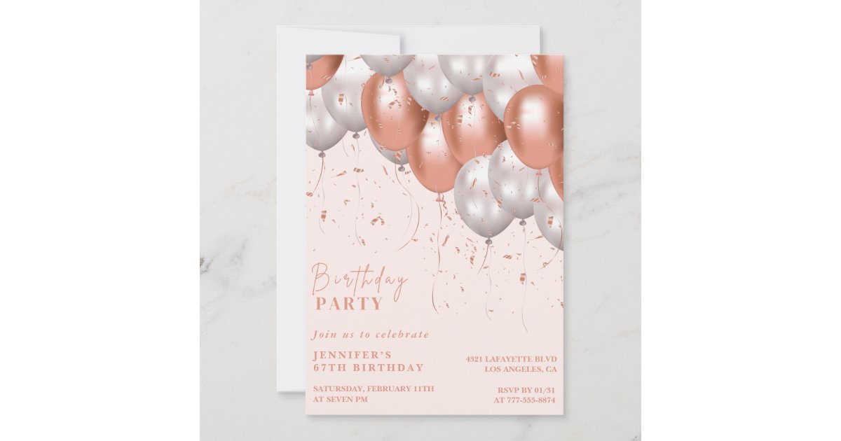 Rose gold 67th birthday invitations Balloon Glam | Zazzle