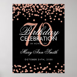 Rose Gold 70th Birthday Glitter Confetti Black Poster | Zazzle