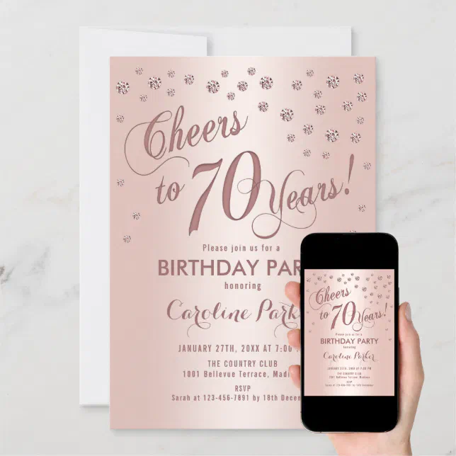Rose Gold 70th Birthday Party Invitation | Zazzle