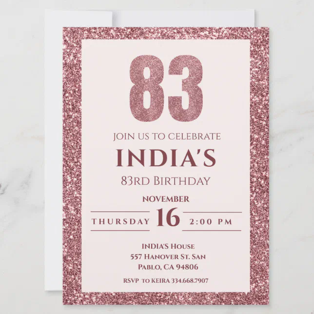 rose gold 83rd birthday invitation | Zazzle