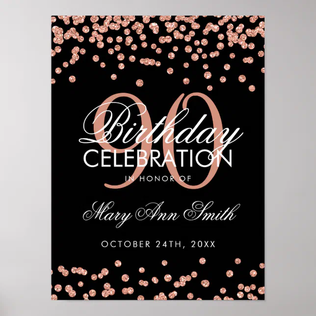 Rose Gold 90th Birthday Glitter Confetti Black Poster | Zazzle