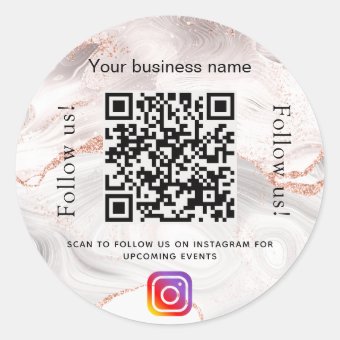 Rose gold agate marble business qr code instagram classic round sticker ...