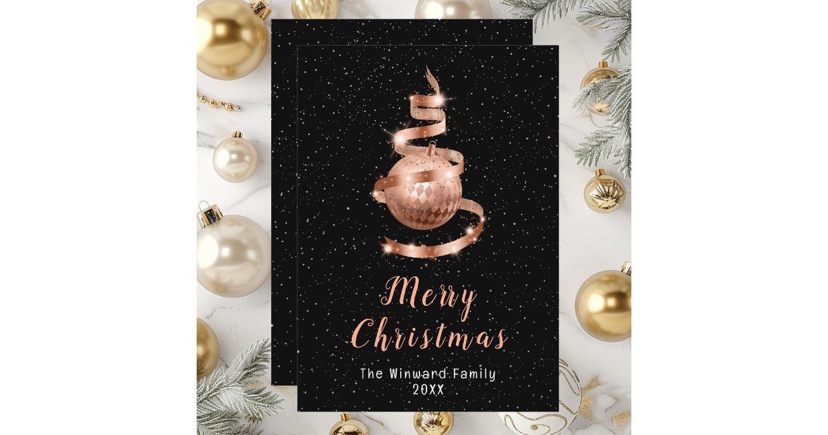 Rose Gold and Black Ornament Merry Christmas Holiday Card | Zazzle