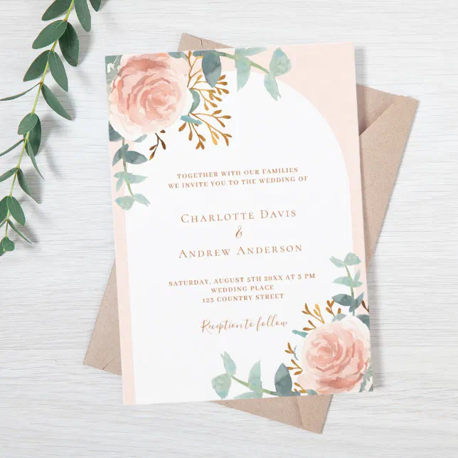 Rose gold arch floral greenery luxury wedding invitation | Zazzle