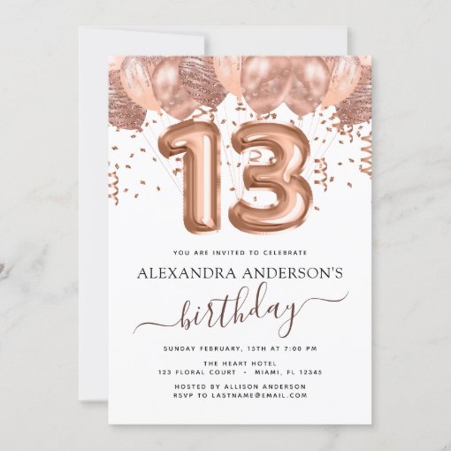 Rose Gold Balloons 13th Birthday Party Confetti Invitation | Zazzle