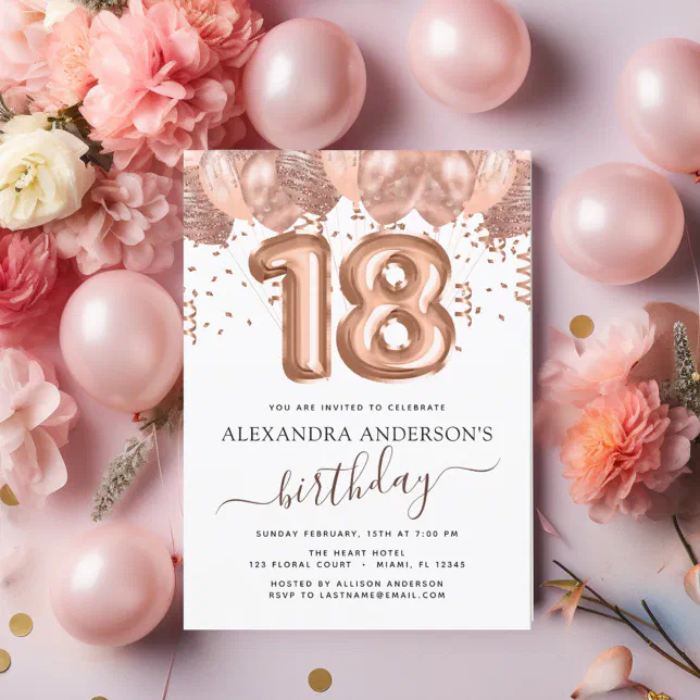 Rose Gold Balloons 18th Birthday Party Invitation | Zazzle