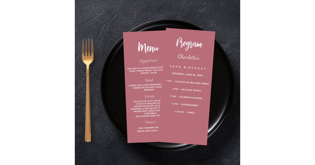 Rose gold birthday program dinner menu card | Zazzle