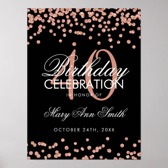 Rose Gold Black 40th Birthday Glitter Confetti Poster | Zazzle