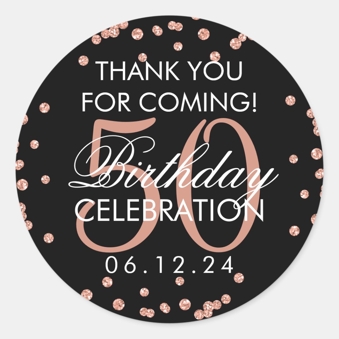 Rose Gold Black 50th Birthday Thank You Confetti Classic Round Sticker