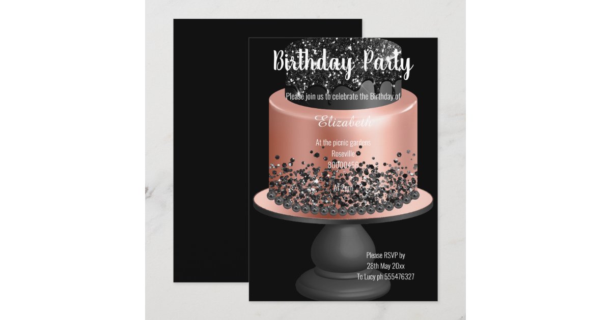 ROSE GOLD BLACK CAKE 2 BIRTHDAY INVITATION | Zazzle