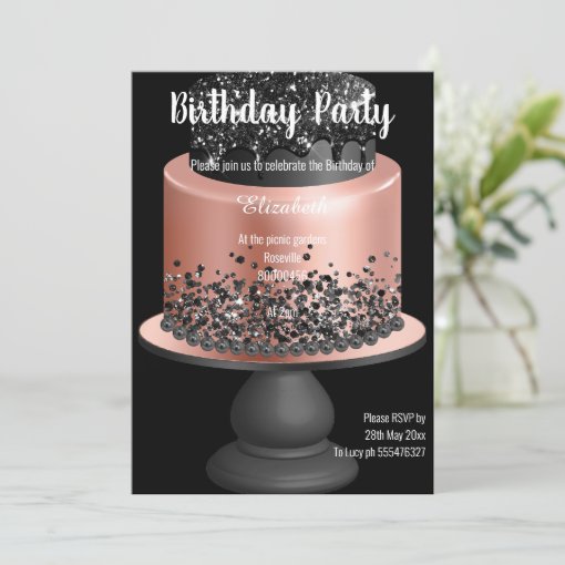 ROSE GOLD BLACK CAKE BIRTHDAY INVITATION | Zazzle