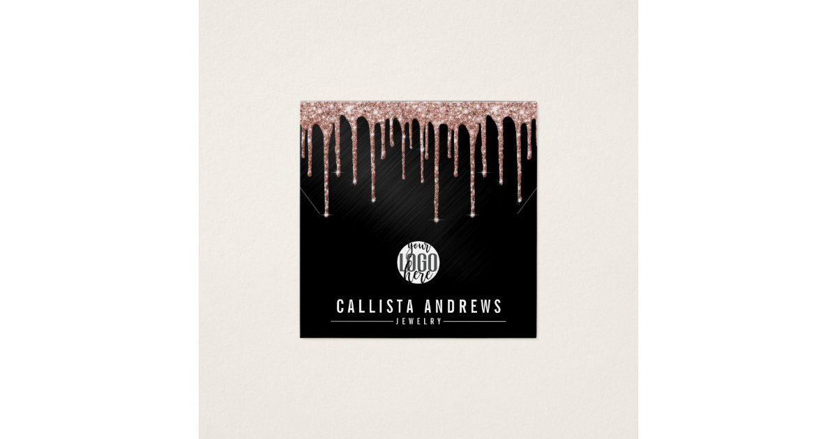 Rose Gold Black Glitter Drip Logo Necklace Display | Zazzle