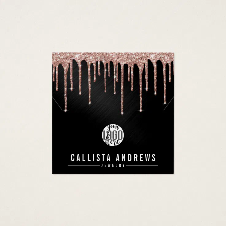 Rose Gold Black Glitter Drip Logo Necklace Display | Zazzle