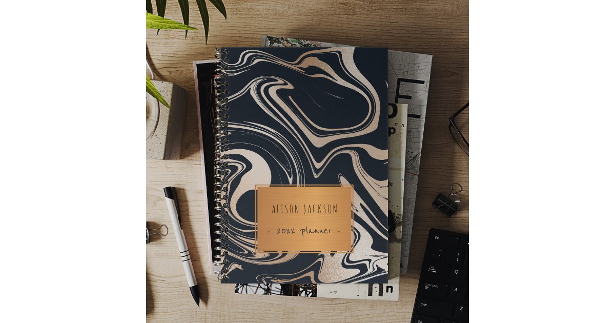 Rose gold black marble with copper label school planner | Zazzle
