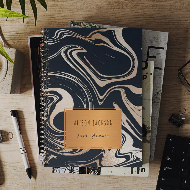 Rose gold black marble with copper label school planner | Zazzle