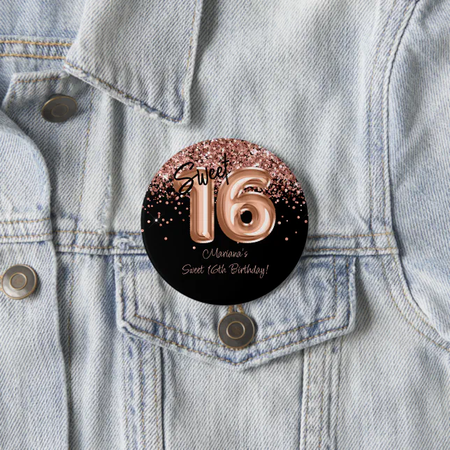 Rose Gold Black Sweet 16th Birthday Party Button | Zazzle