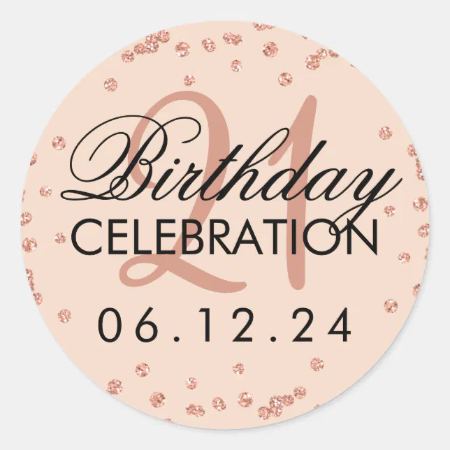 Rose Gold Blush 21st Birthday Glitter Confetti Classic Round Sticker ...