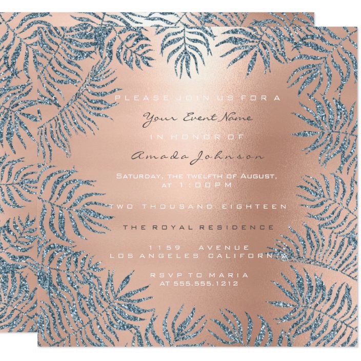 Rose Gold Blush Glitter Powder Floral Blue Pink Invitation | Zazzle.com