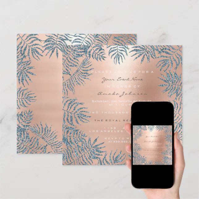 Rose Gold Blush Glitter Powder Floral Blue Pink Invitation | Zazzle