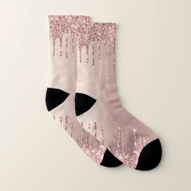 Rose Gold Blush Glitter Sparkle Drips Custom Text Socks | Zazzle