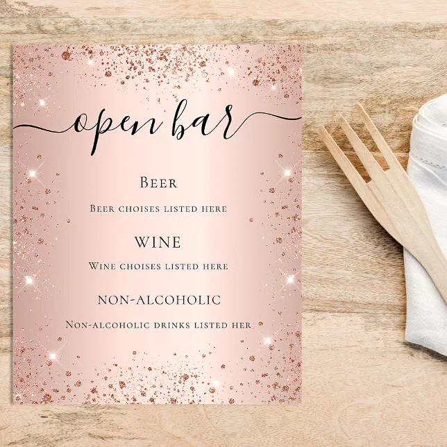 Rose gold blush glitter sparkles script bar menu | Zazzle