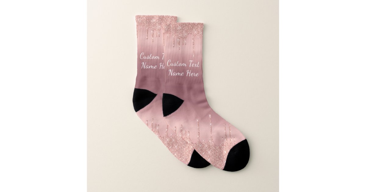 Rose Gold Blush Glitter Sparkly Custom Text Socks | Zazzle