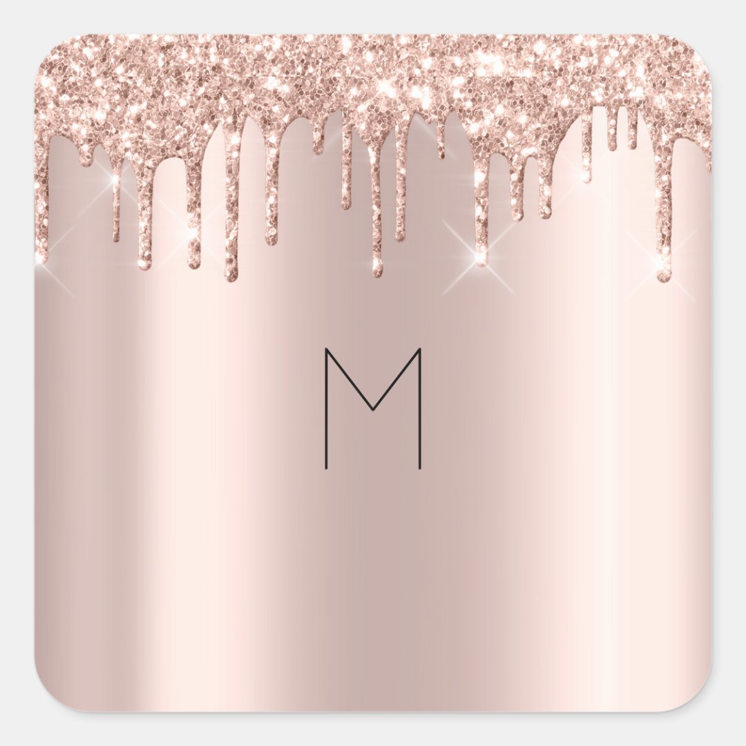 Rose Gold Blush Metal Powder Spark Drips Monogram Square Sticker | Zazzle