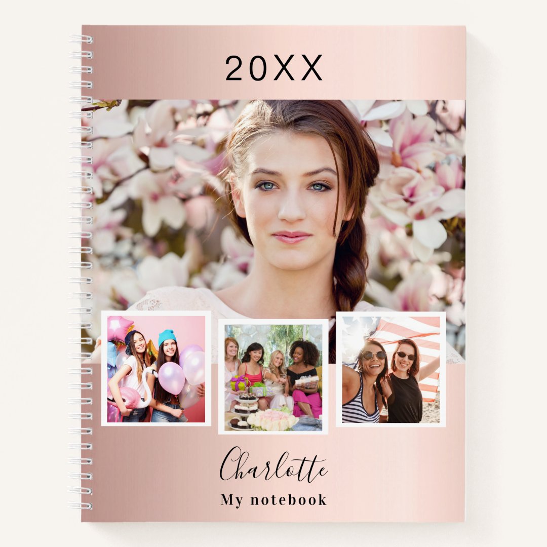 Rose gold blush photo collage name notebook | Zazzle