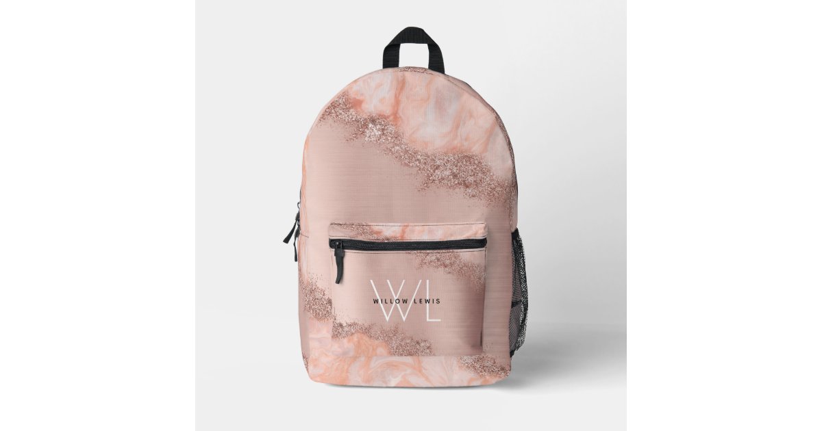 Rose Gold Blush Pink Agate Geode Glitter Monogram Printed Backpack | Zazzle