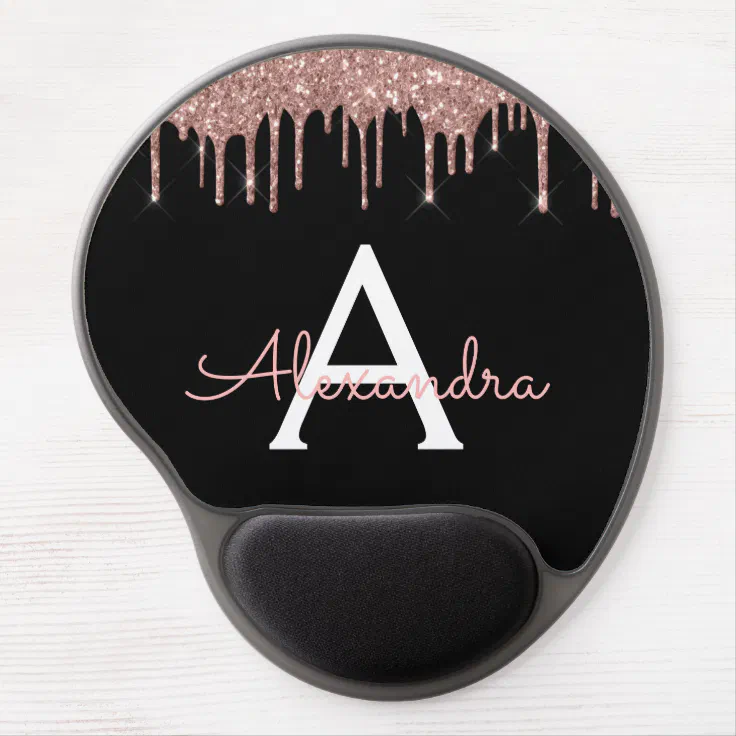 Rose Gold - Blush Pink Black Glitter Monogram Name Gel Mouse Pad | Zazzle