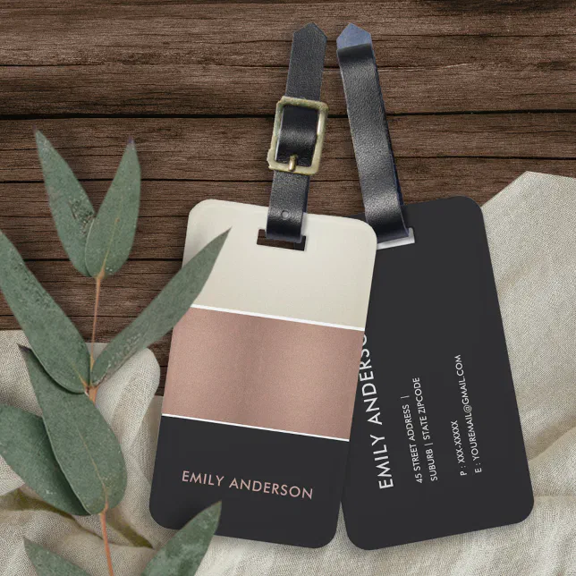 ROSE GOLD BLUSH PINK COPPER BLACK SILVER STRIPS LUGGAGE TAG | Zazzle