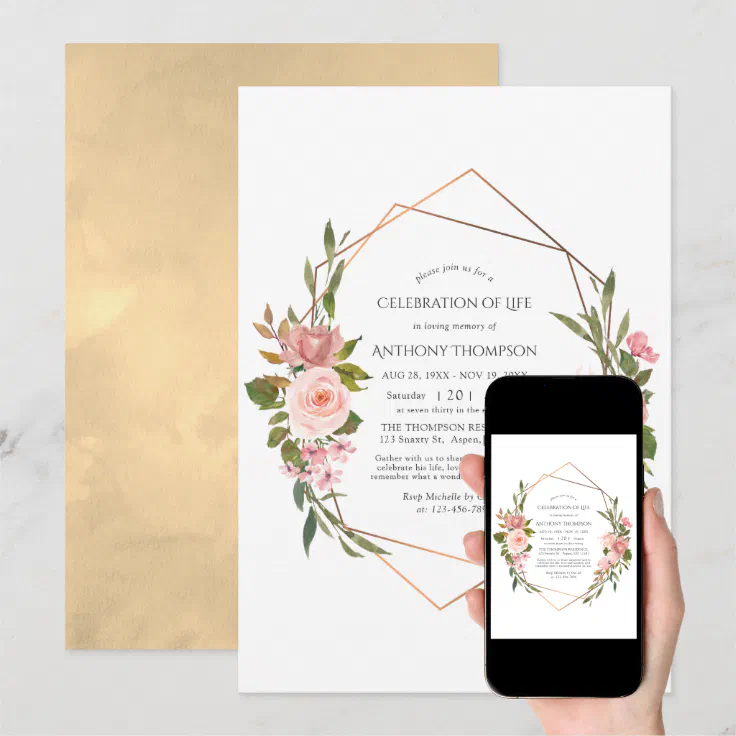 Rose Gold & Blush Pink Floral Celebration of Life Invitation | Zazzle