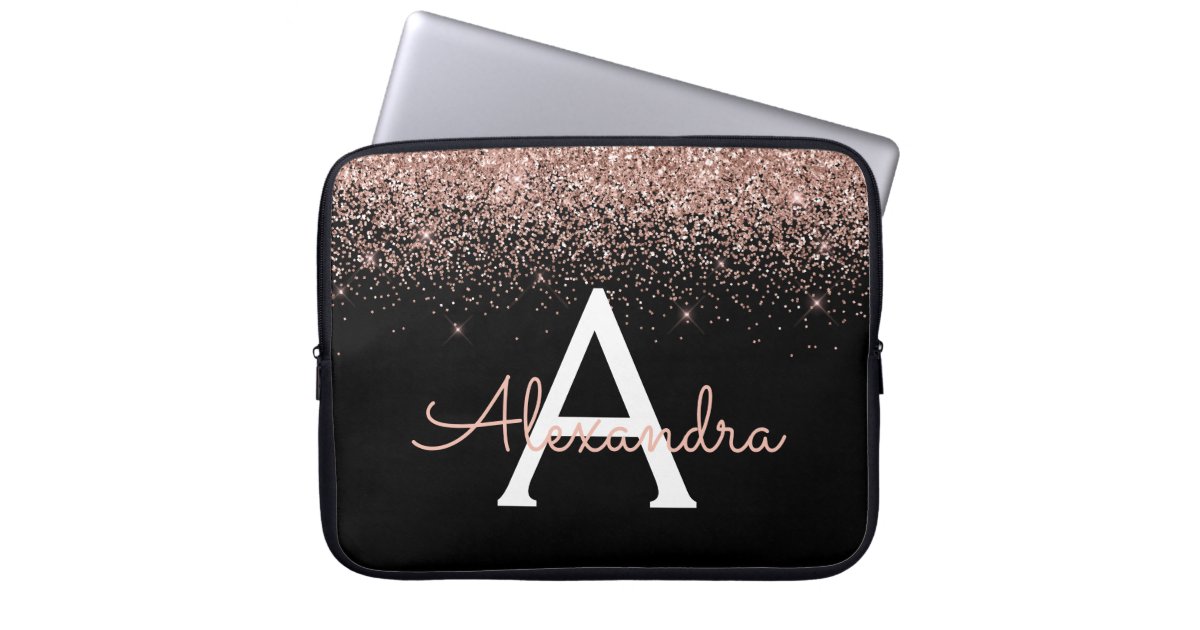 Rose Gold Blush Pink Glitter and Sparkle Monogram Laptop Sleeve | Zazzle