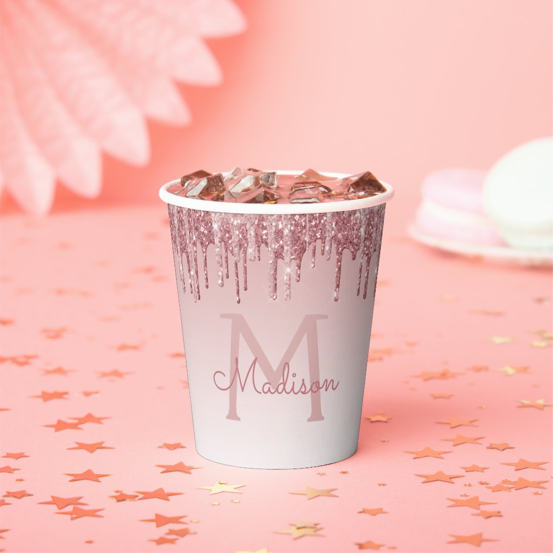 Rose Gold Blush Pink Glitter and Sparkle Monogram Paper Cups | Zazzle