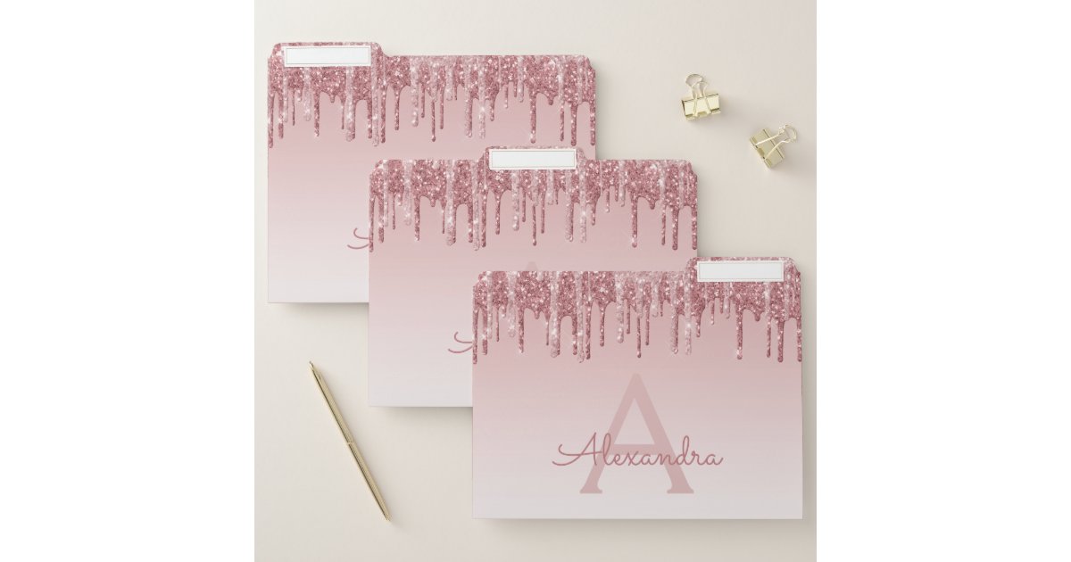 Rose Gold Blush Pink Glitter Dripping Monogram File Folder | Zazzle