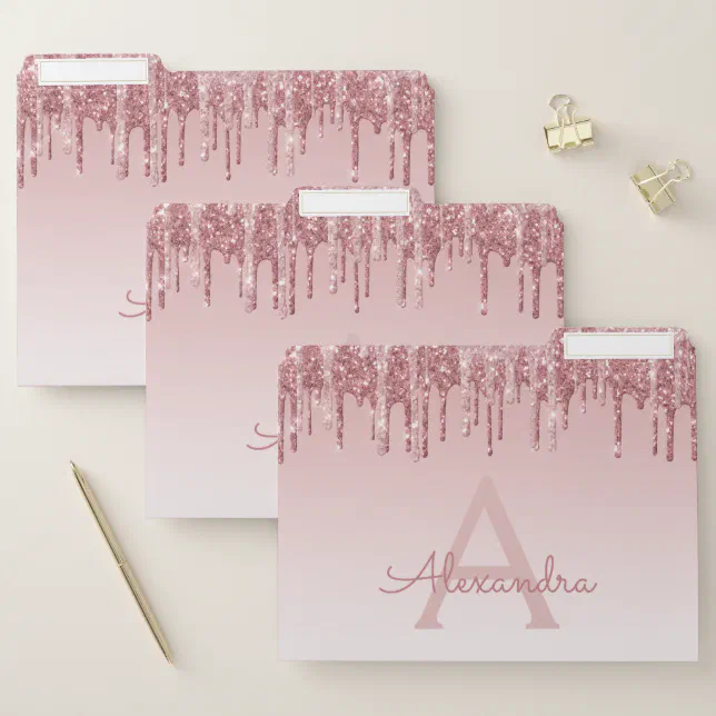Rose Gold Blush Pink Glitter Dripping Monogram File Folder | Zazzle